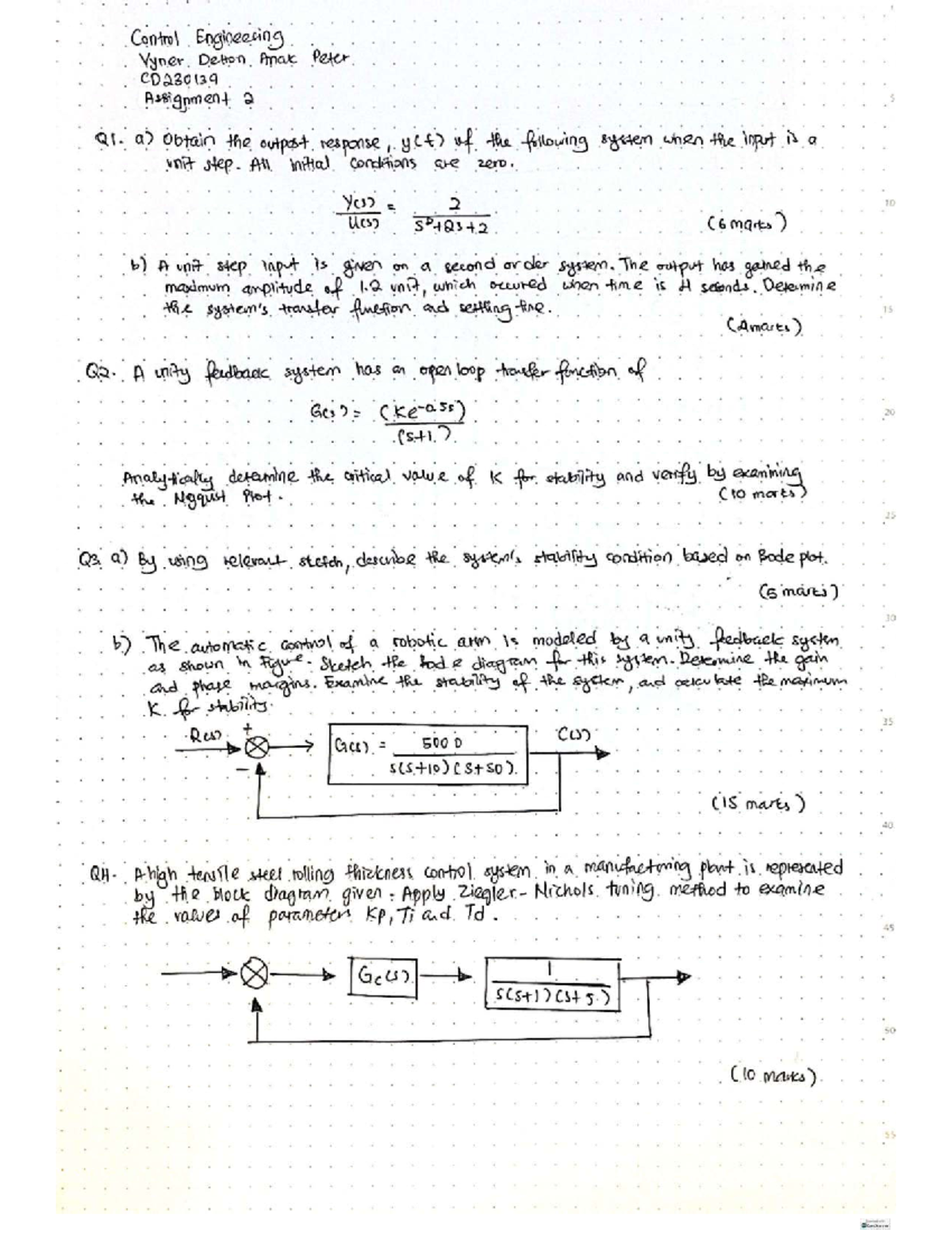 Assignment 2 Control Engineering CD230139: System Response & Stability Analysis - Studocu