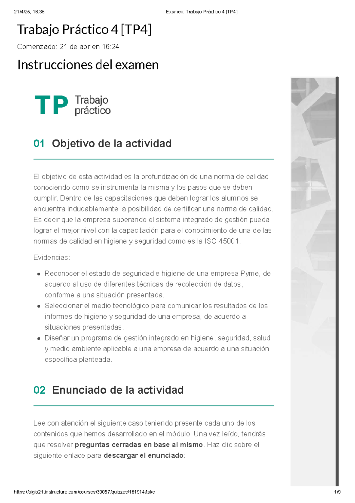 TP4: Examen Final sobre Seguridad e Higiene Laboral y ISO 45001 - Studocu