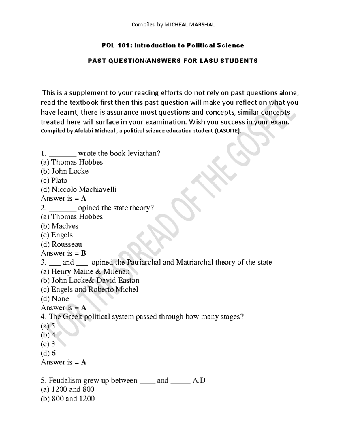 POL 101 past question compiled by marshal-1 - POL 101: Introduction to ...