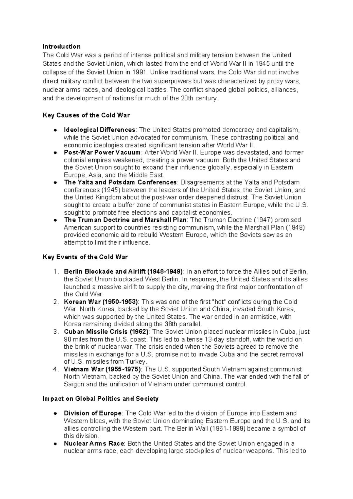 Cold War (HIST 101) - An In-depth Assignment on Its Causes & Events ...