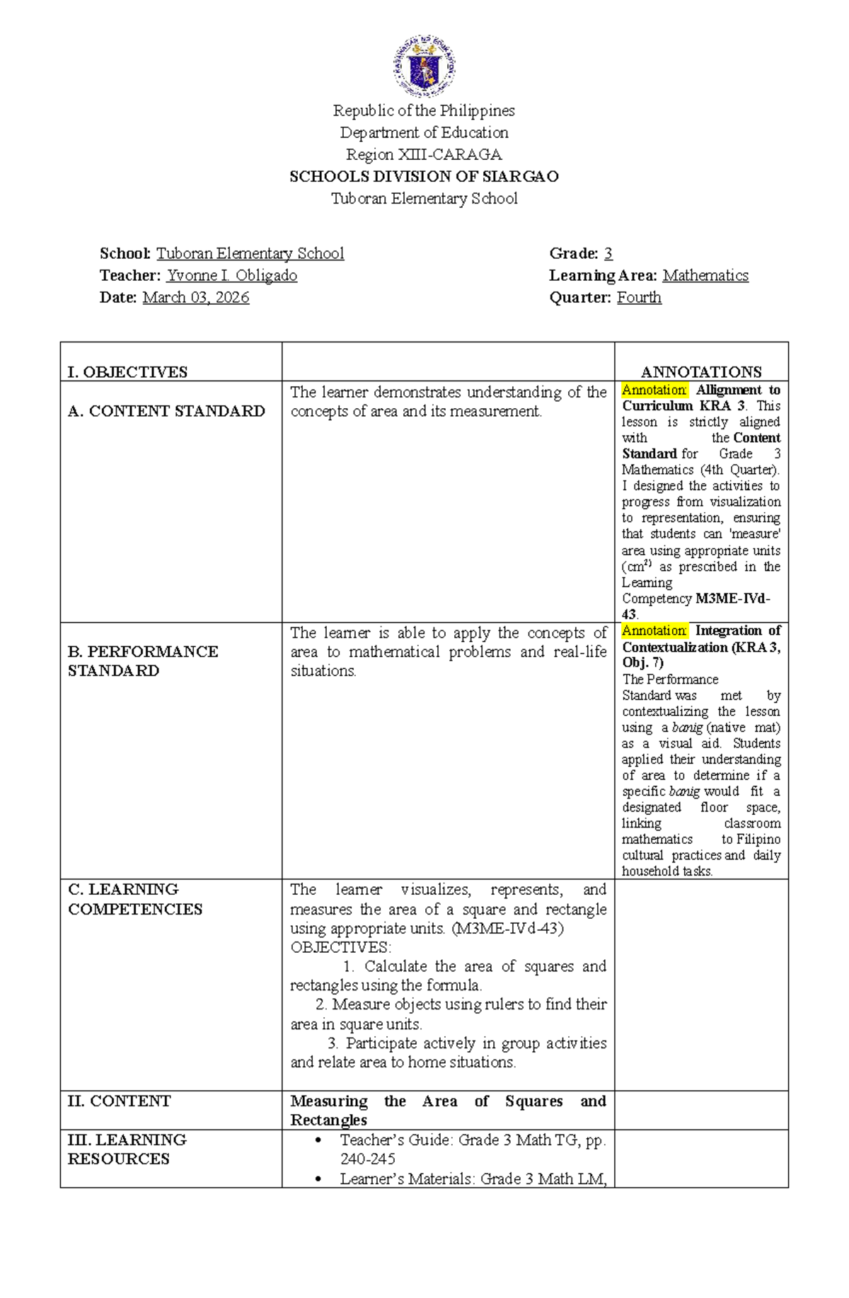 Grade 3 Math Lesson Plan: Measuring Area of Squares & Rectangles - Studocu