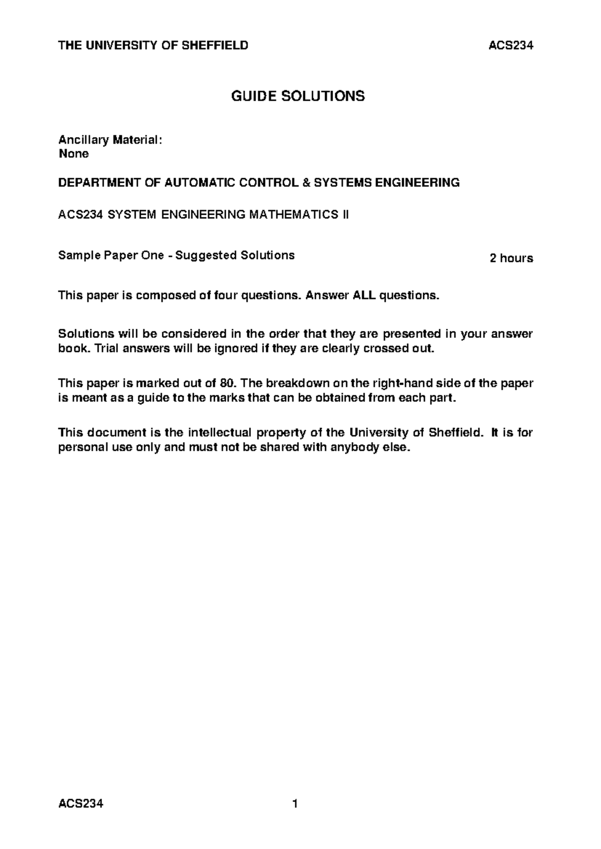 ACS234 System Engineering Mathematics II - Sample Paper One Solutions ...