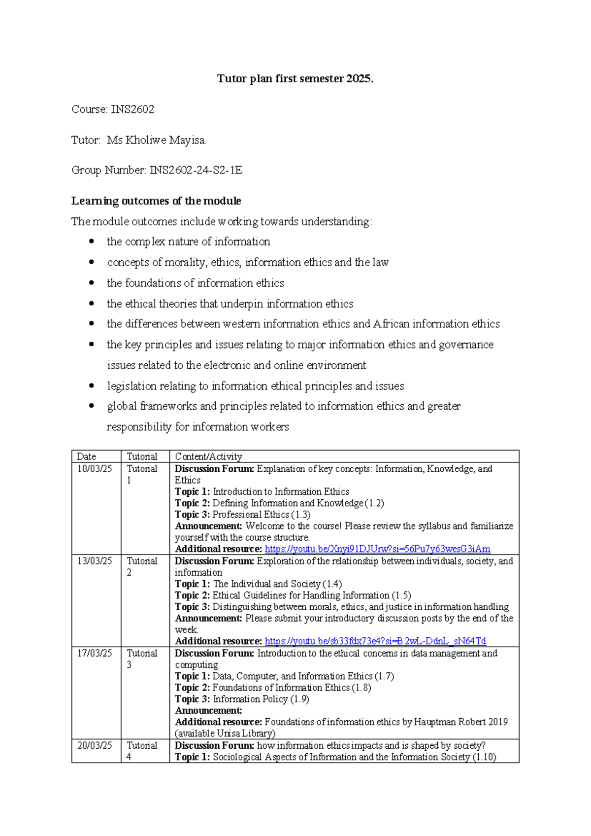Tutor Plan for INS2602: First Semester 2025 by Ms. Kholiwe Mayisa - Studocu