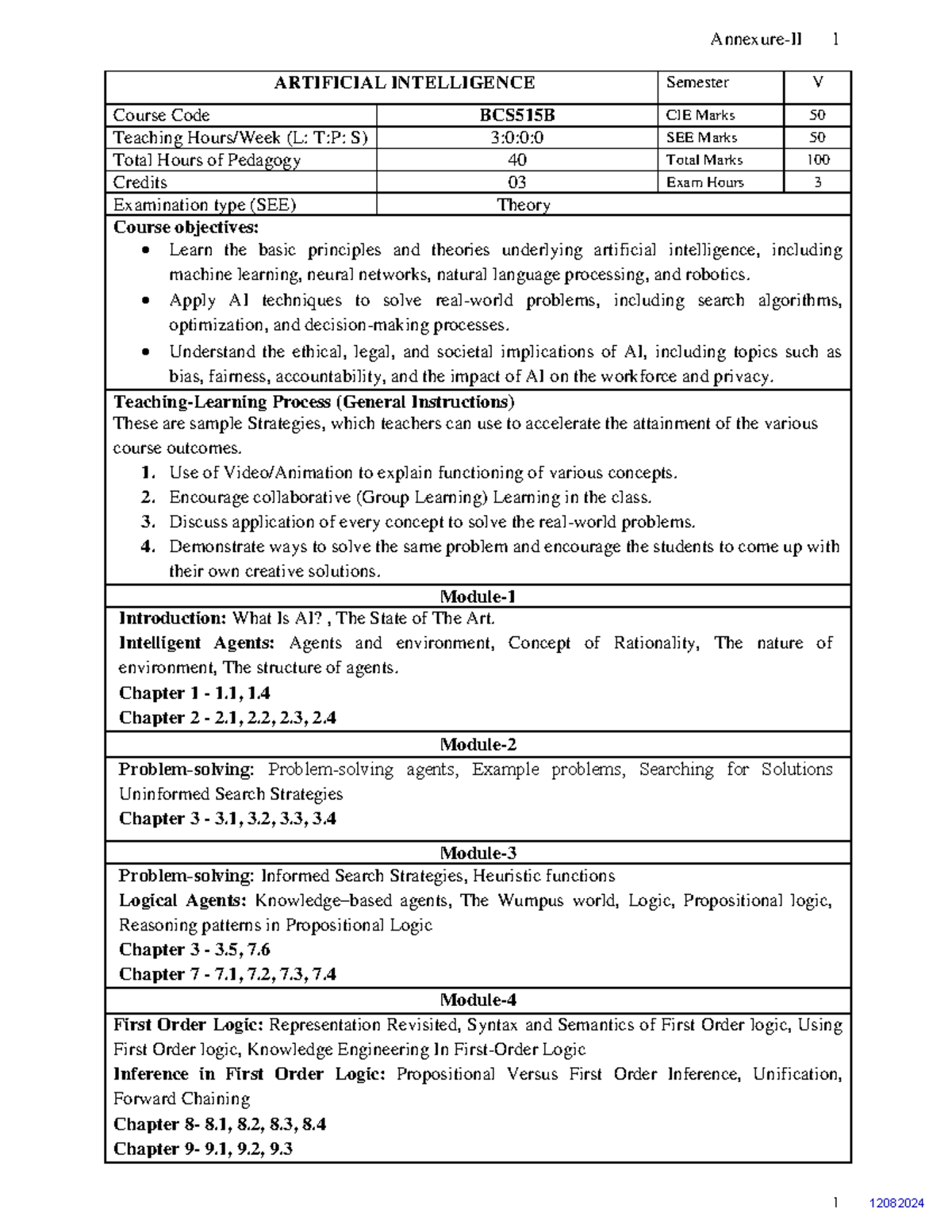 AI Syllabus Overview - BCS515B Semester 1 CIE & SEE Marks - Studocu