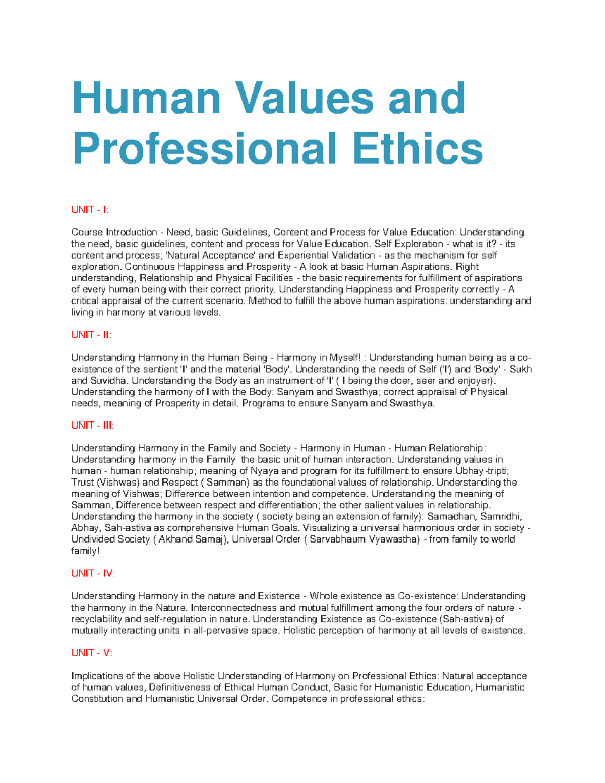 Human Values and Professional Ethics Notes (KVE-301) - Studocu