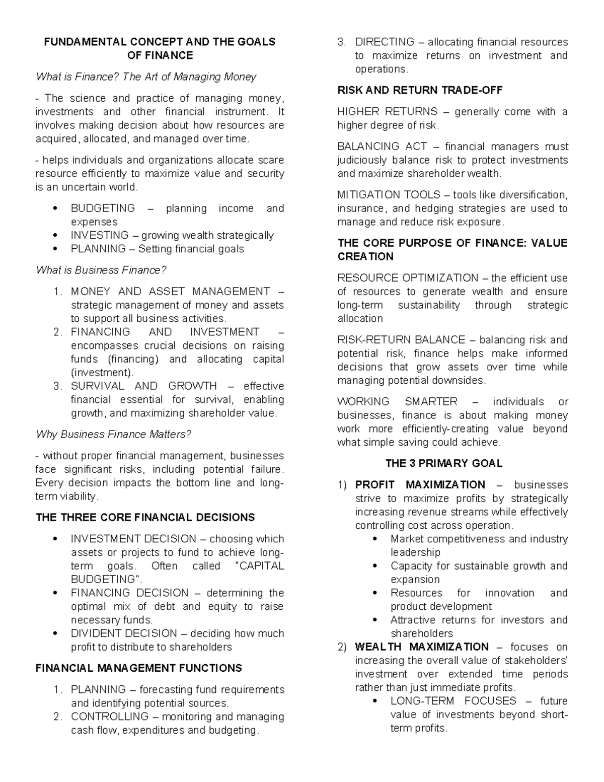FUNDAMENTAL CONCEPTS AND GOALS OF FINANCE (FIN 101) - Studocu