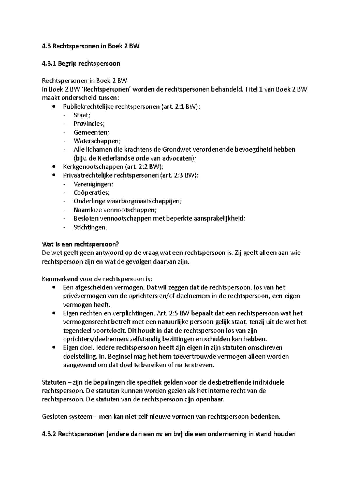 Rechtspersonen en hun Kenmerken in Boek 2 BW - Hoofdstuk 4.3 - Studeersnel