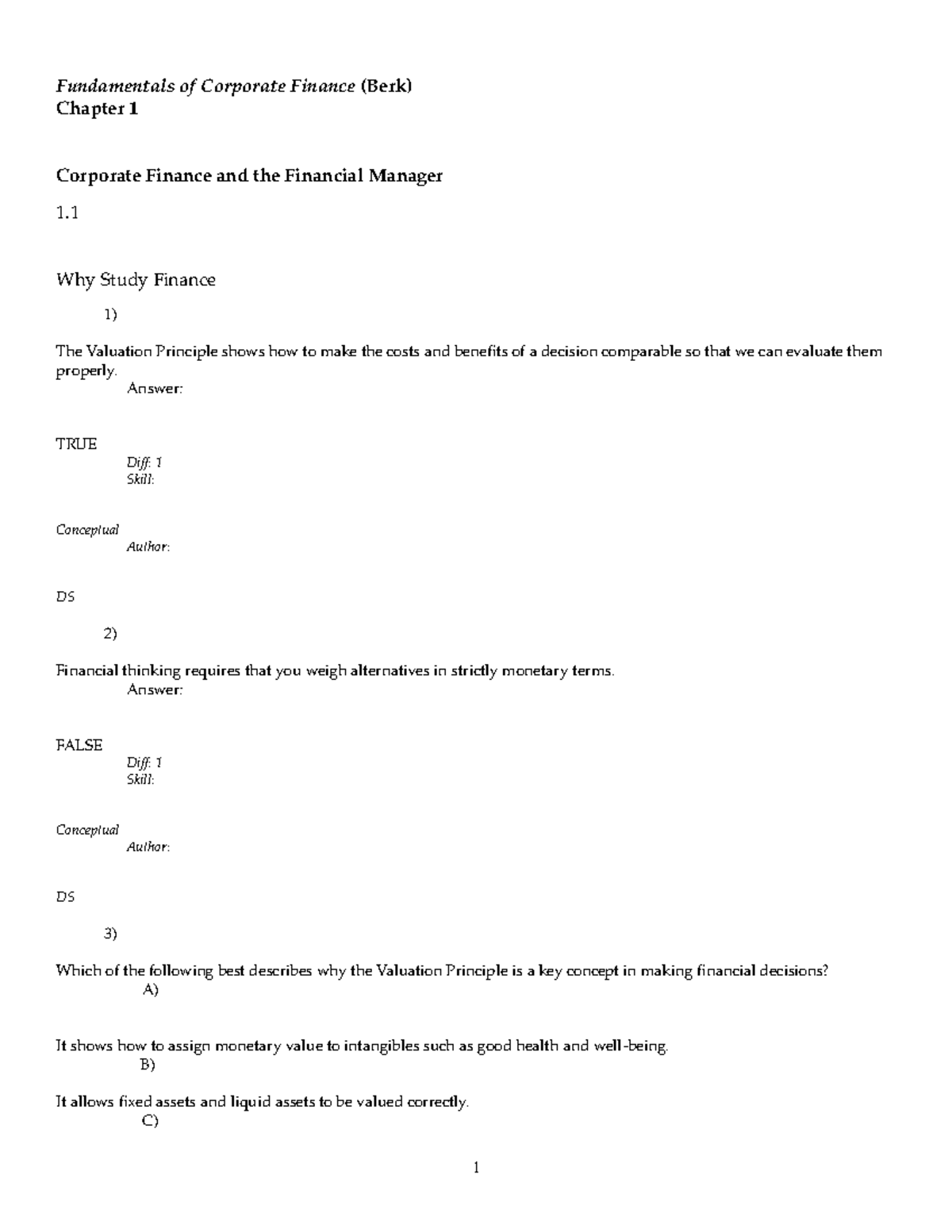 Corporate Finance Fundamentals (Berk) - Chapter 1 Test Bank - Studocu