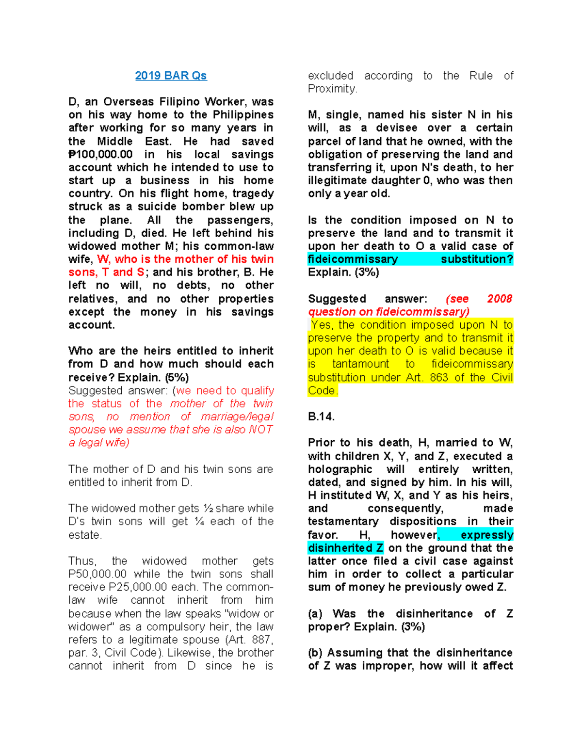 541713579 Succession Bar Exam Questions & Answers Analysis - Studocu