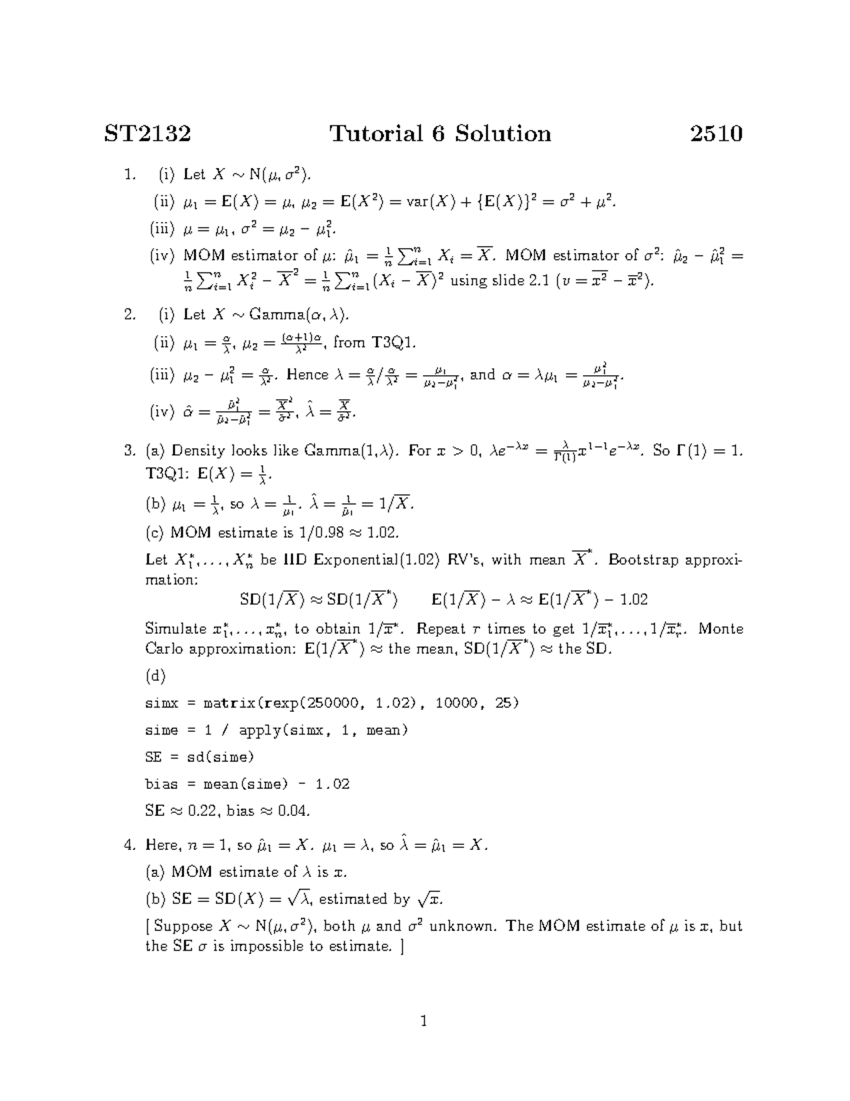 ST2132 Tutorial 6 Solutions: MOM Estimators and Gamma Distribution ...