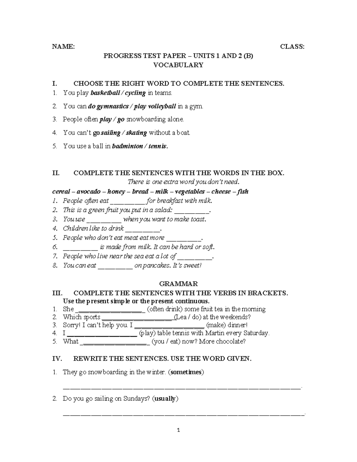 G11 Progress Test Paper: Units 1 & 2 Vocabulary & Grammar - Studocu