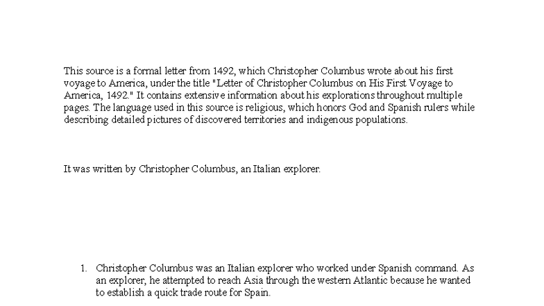 Christopher Columbus' 1492 Letter on His First Voyage to America - Studocu