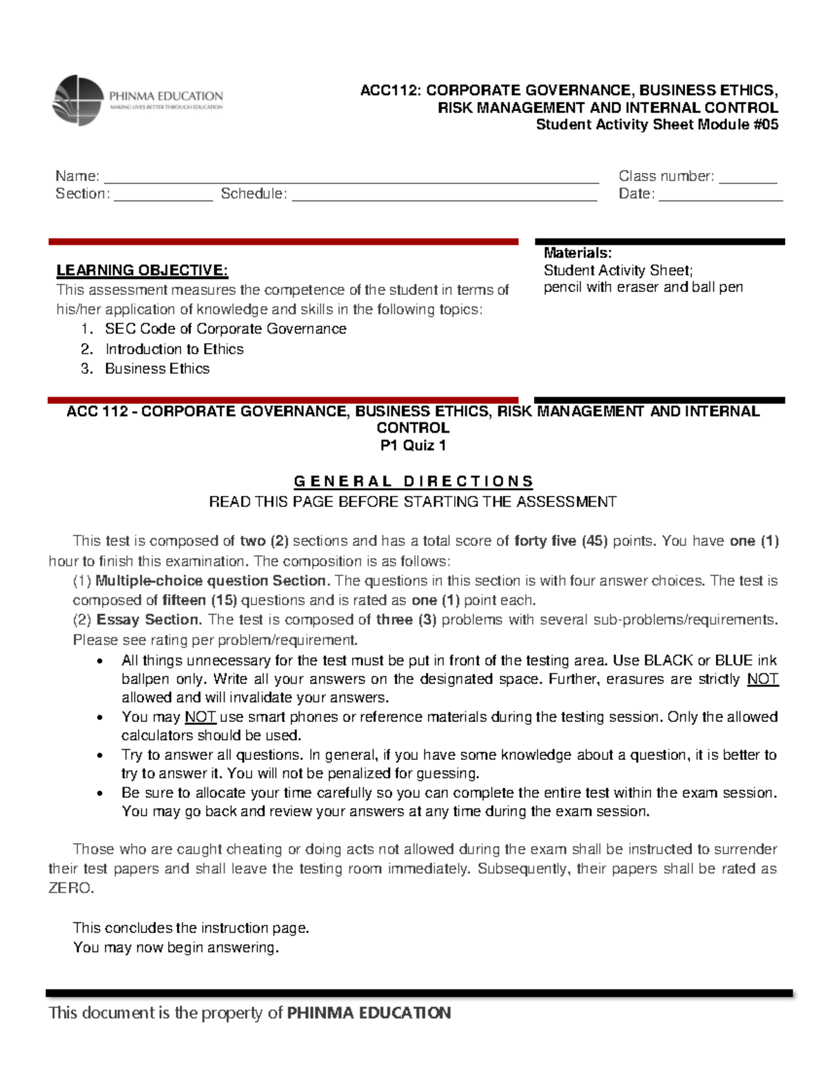 ACC 112 SAS#5 answered - For reference - RISK MANAGEMENT AND INTERNAL CONTROL Student Activity ...
