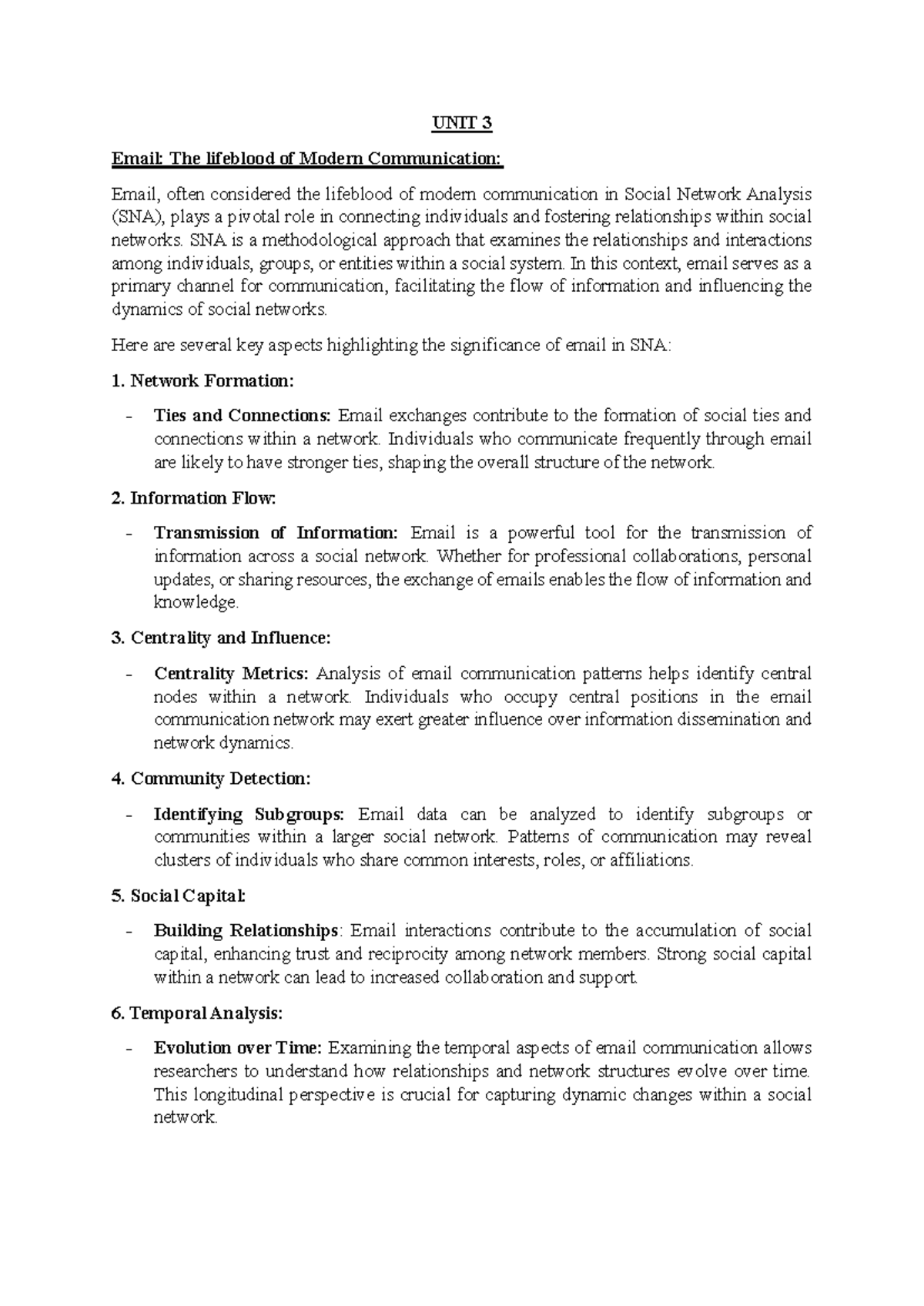 SNA UNIT 3 - The Role of Email & Twitter in Social Networks - Studocu