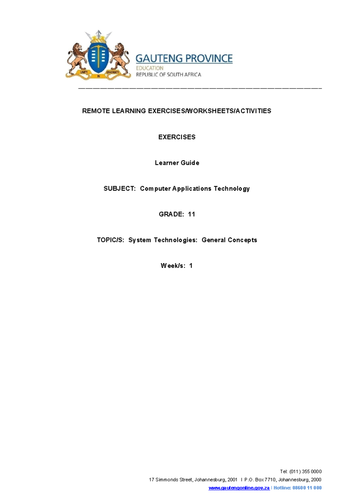 CAT Grade 11 Term 1 Week 1 Remote Learning Exercises Guide - Studocu