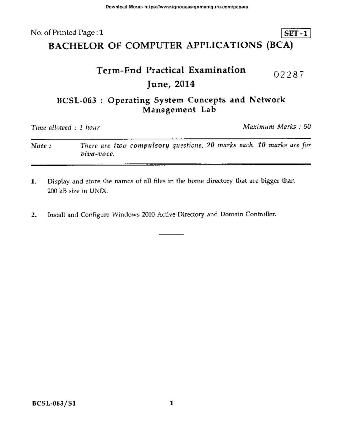 Bcsl 063 Previous Year Question Papers By Ignouassignmentguru No Of Printed Page 1 Set 1