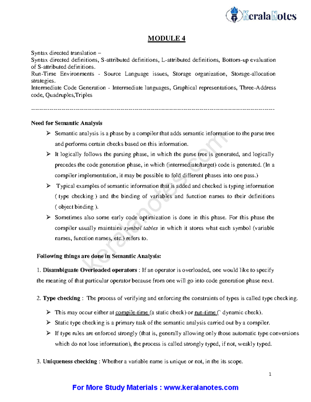 Module 4: Compiler Design - Syntax Directed Translation & Semantic Analysis - Studocu
