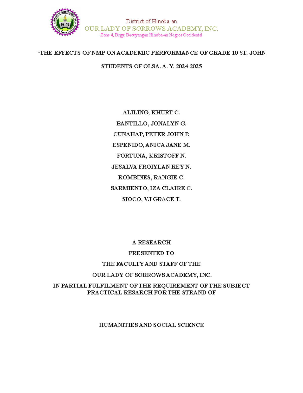 Effects of NMP on Grade 10 St. John Students' Academic Performance ...