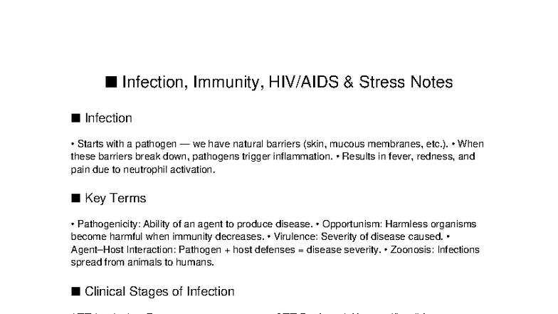 Infection, Immunity, and Stress: Study Notes for Exam - Studocu