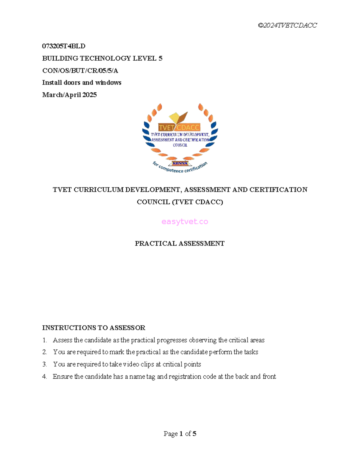 073205T4BLD BUILDING TECHNOLOGY LEVEL 5 Practical Assessment Tool for ...
