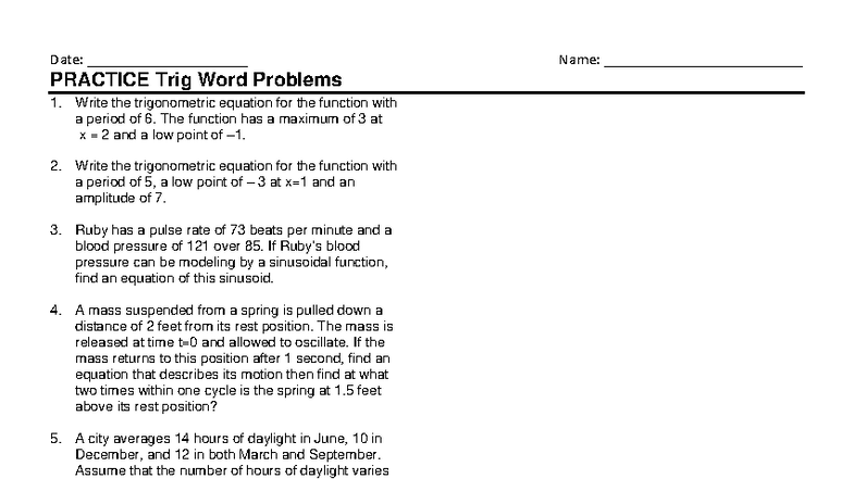 PRACTICE Trig Word Problems: Sinusoidal Functions & Equations - Studocu