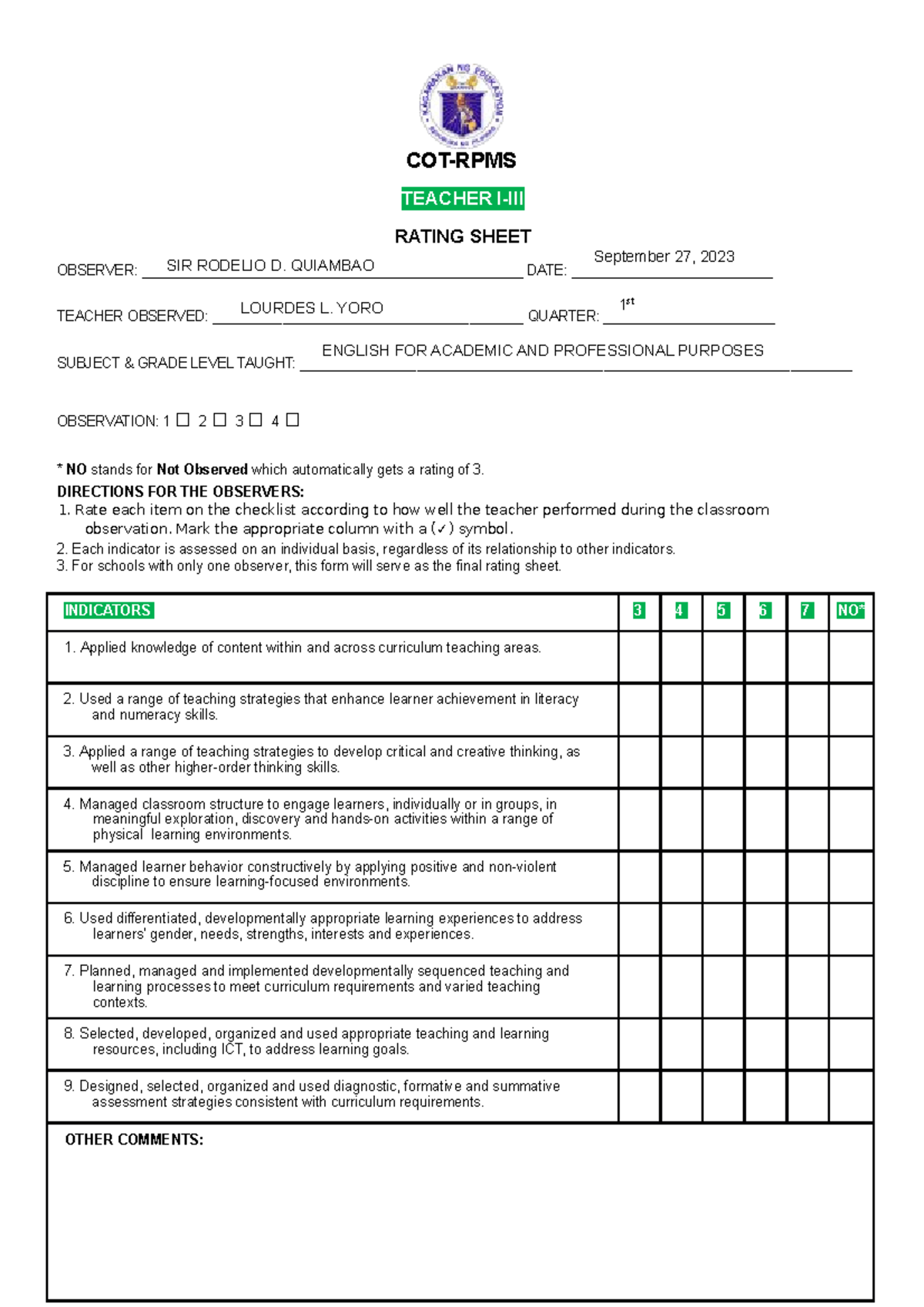 Rating Sheet for T I III for SY 2022 2023 - COT-RPMS TEACHER I-III ...