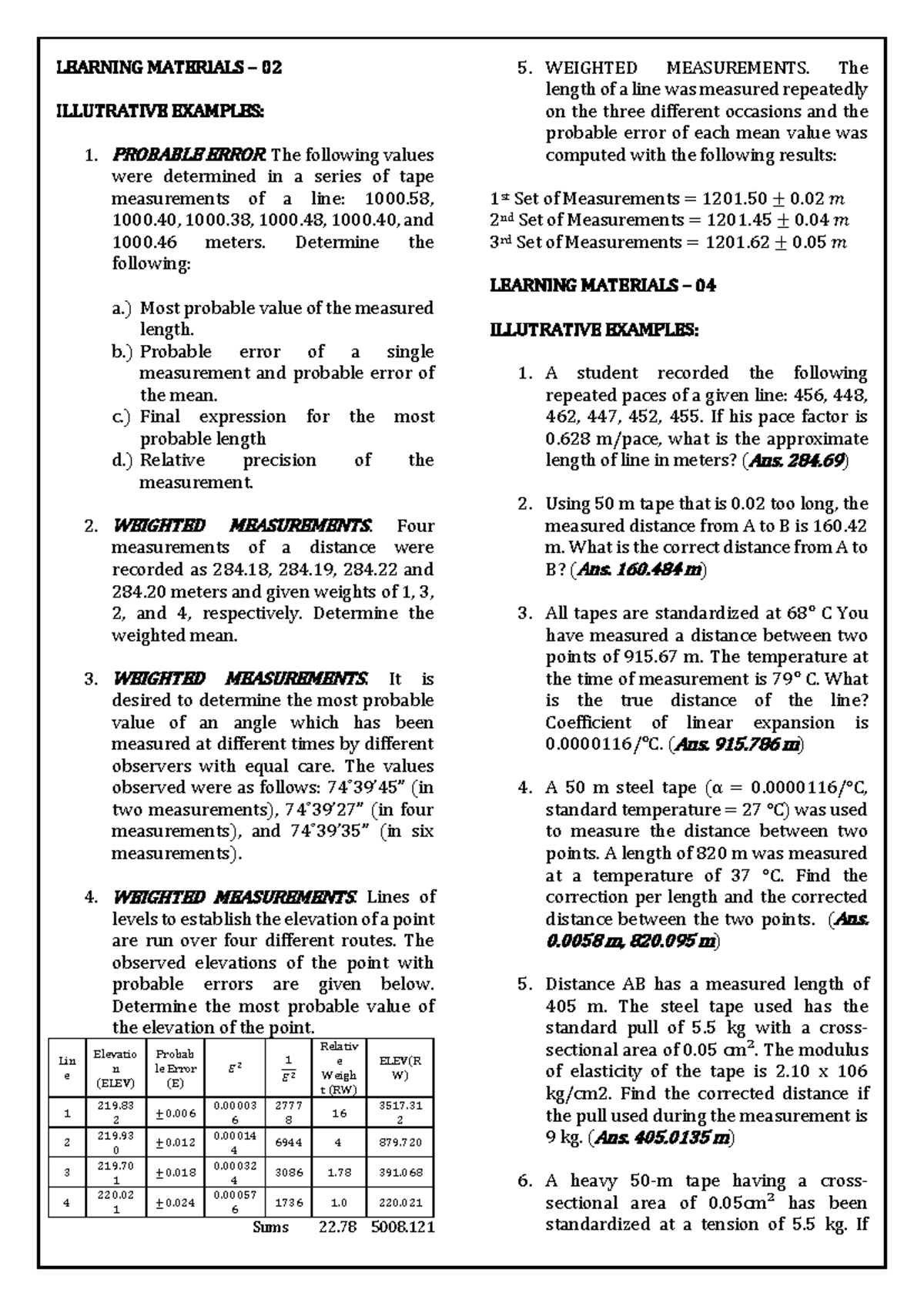 Probable Error and Weighted Measurement Examples for Learning Materials ...