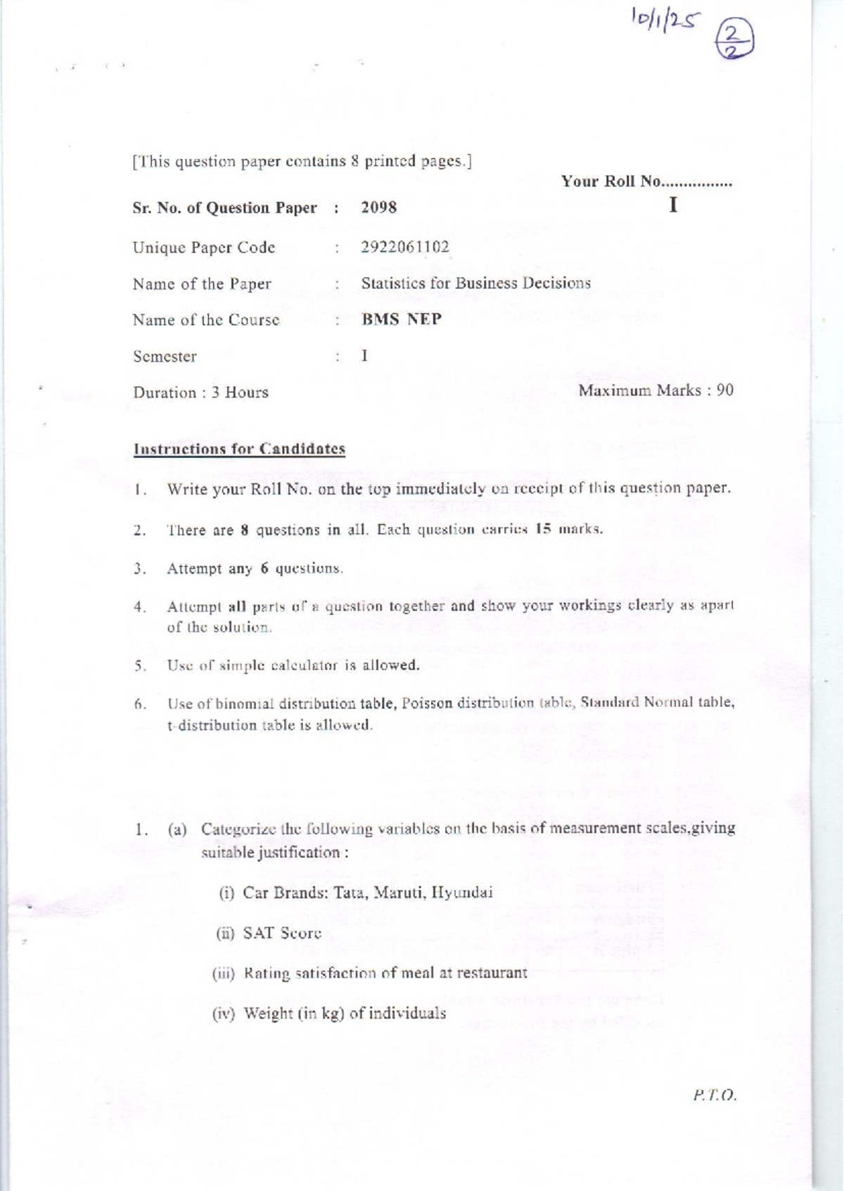 BMS 2025 Final Exam: Statistics for Business Decisions Question Paper ...