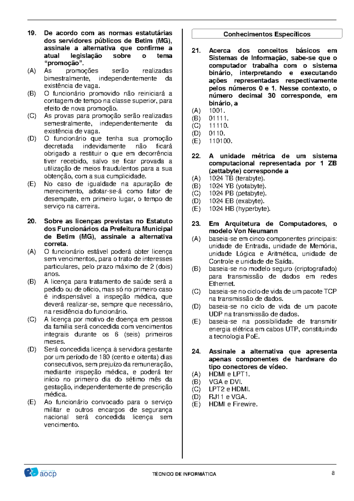 Técnico de Informática - Prova de Conhecimentos Específicos - Betim (MG ...