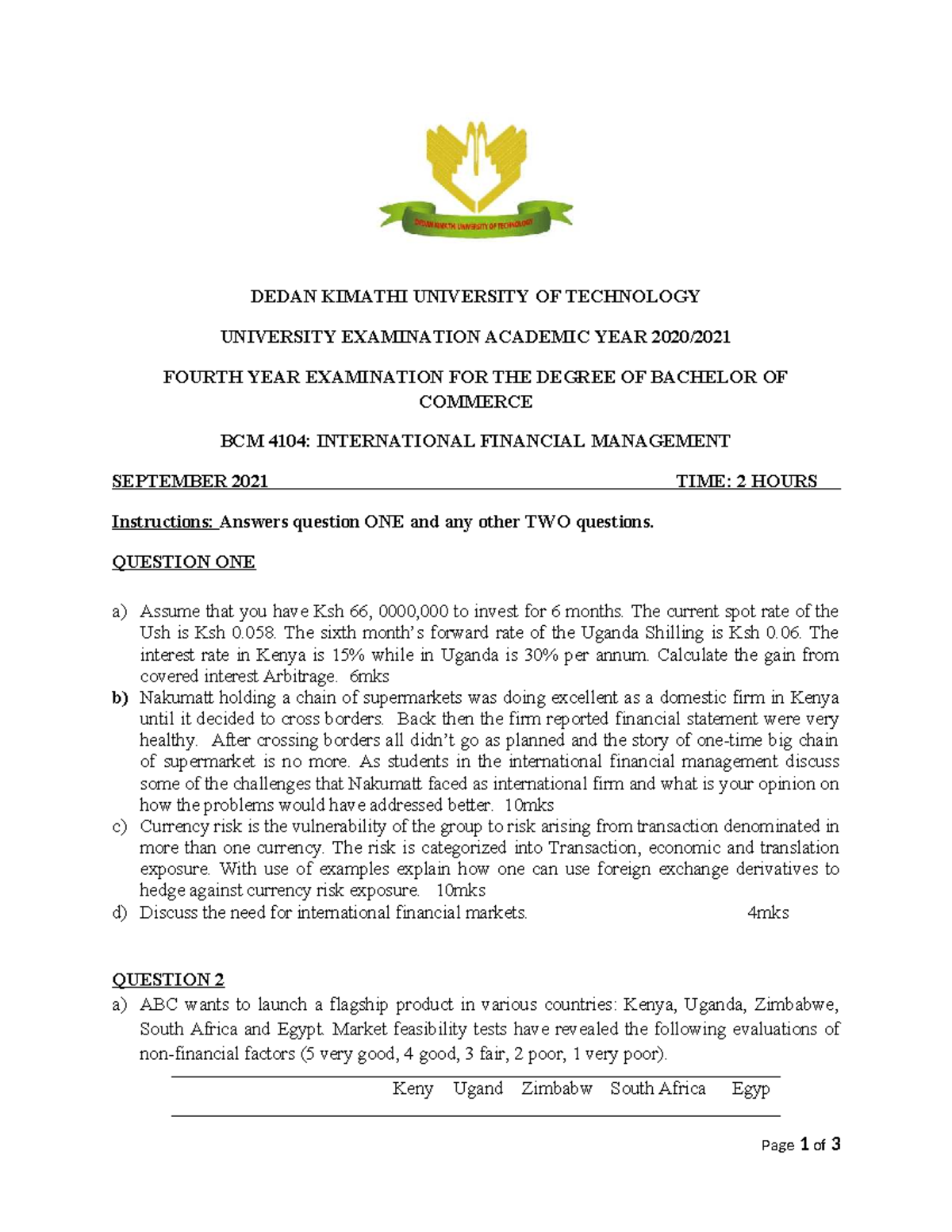 SEPT 2021 - Revision Past paper - DEDAN KIMATHI UNIVERSITY OF TECHNOLOGY UNIVERSITY EXAMINATION ...