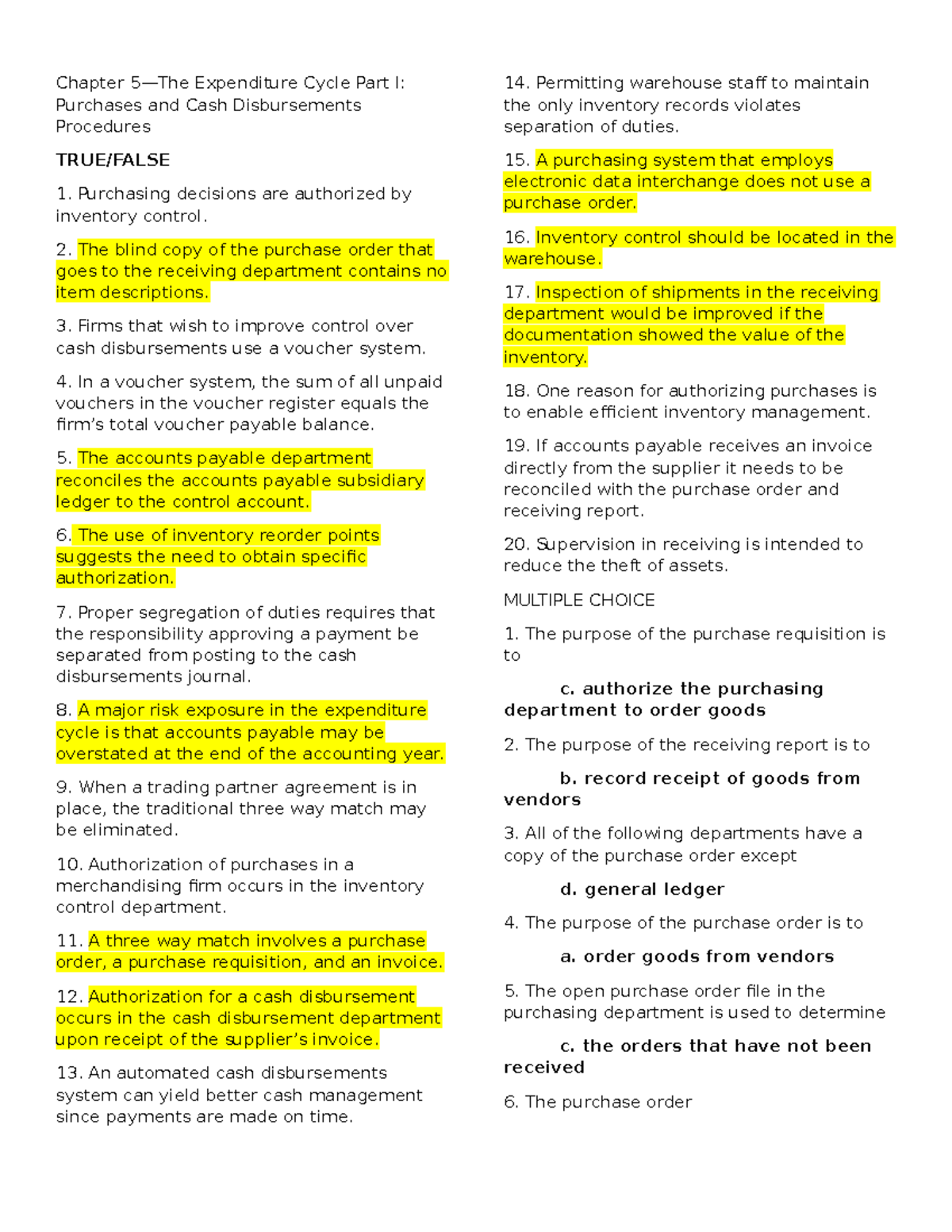 AIS 302 Expenditure Cycle - Test Review for Chapter 5 - Studocu
