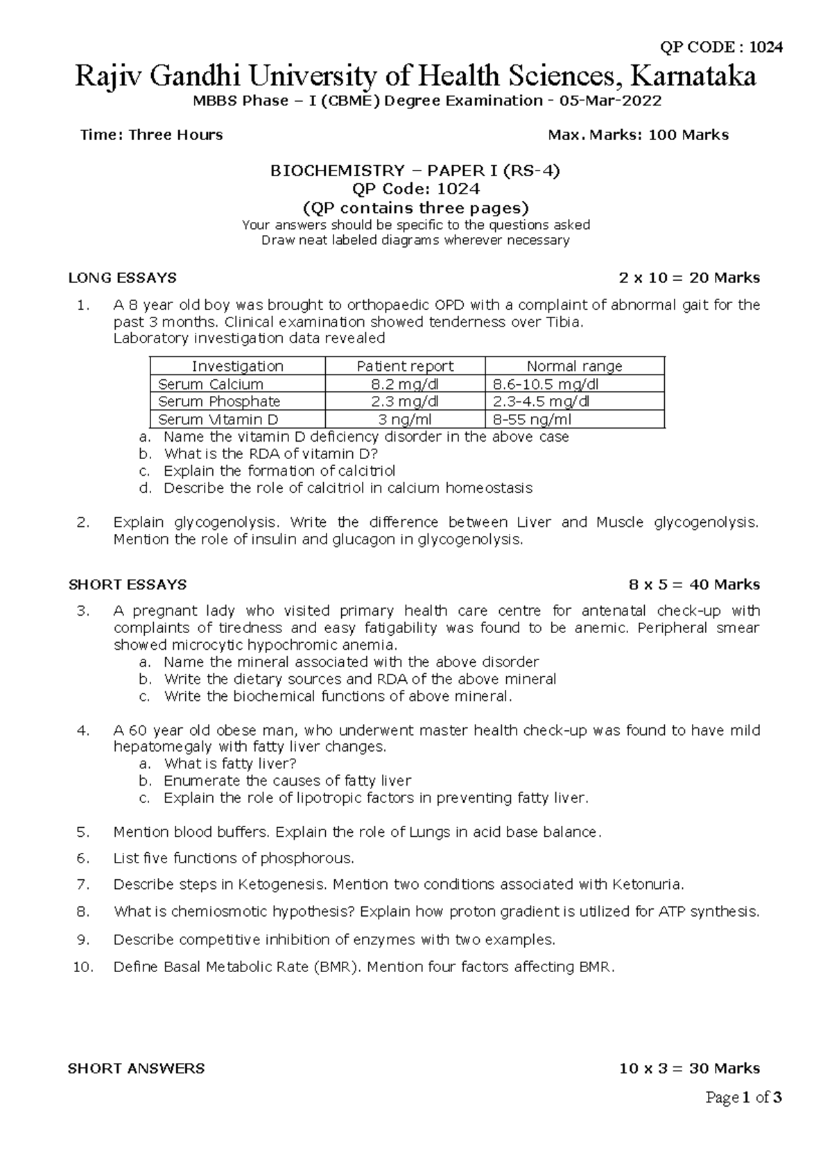 MBBS 1024 - Biochemistry Paper I - Exam Questions & Answers - Studocu
