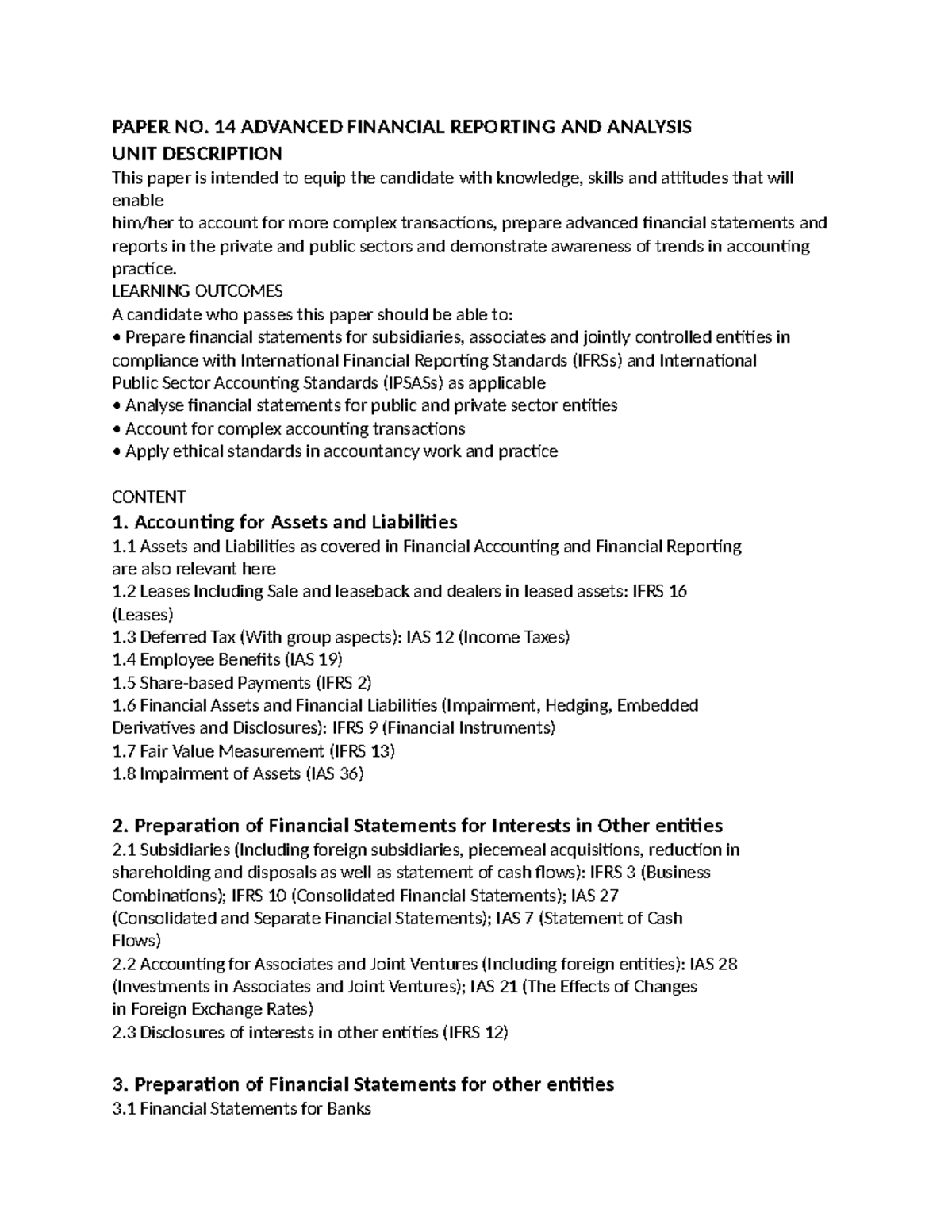 AFRA 14 Advanced Financial Reporting & Analysis Course Outline - Studocu