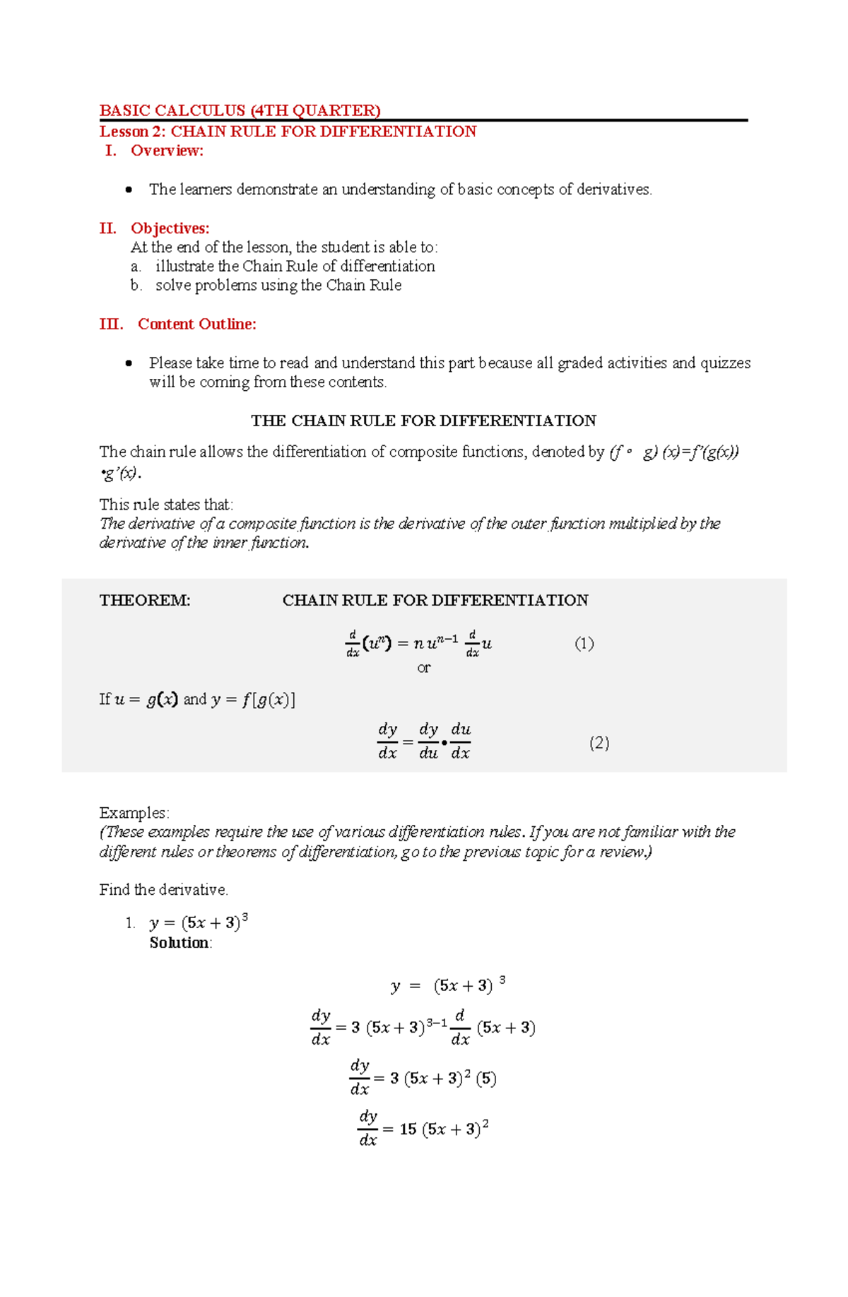 4TH Quarter. Lesson 2 - Basic Calculus Differentiation Chain Rule - BASIC CALCULUS (4TH QUARTER ...