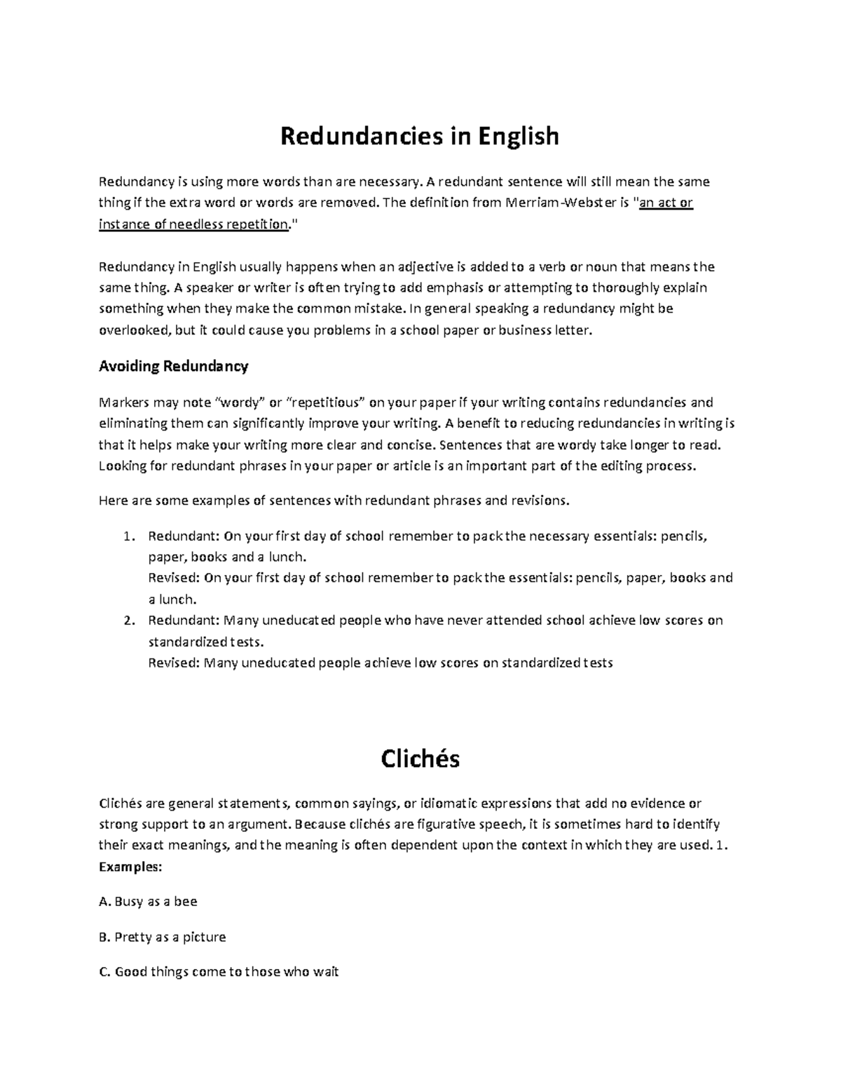 Redundancies and Clichés in English - Study Notes - Studocu