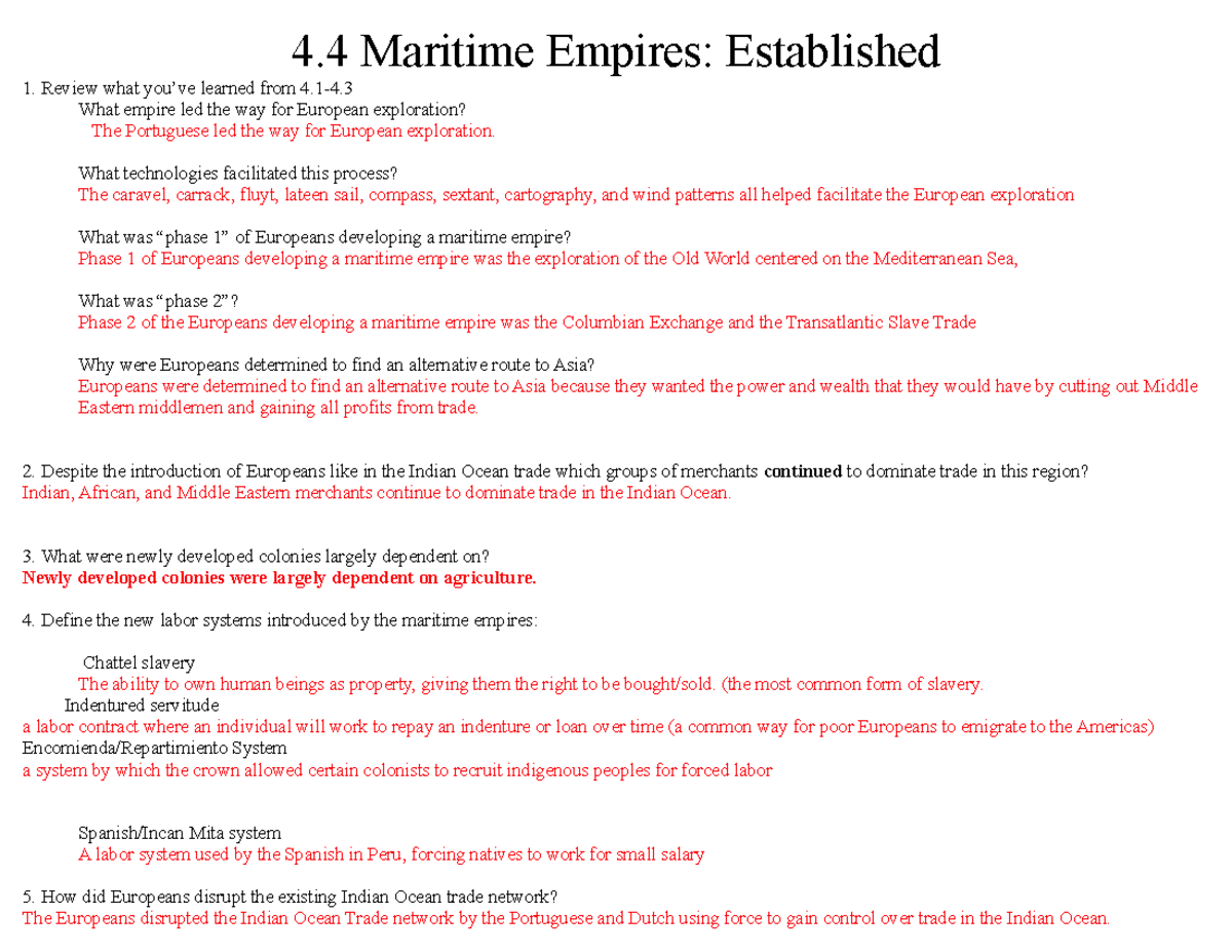 4.4 Maritime Empires: Key Notes on Exploration and Trade Dynamics - Studocu