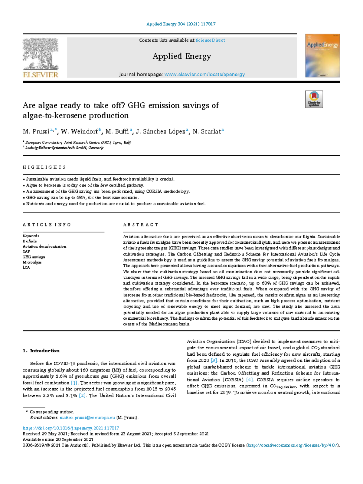 Applied Energy 304: GHG Emission Savings from Algae for Aviation Fuel ...