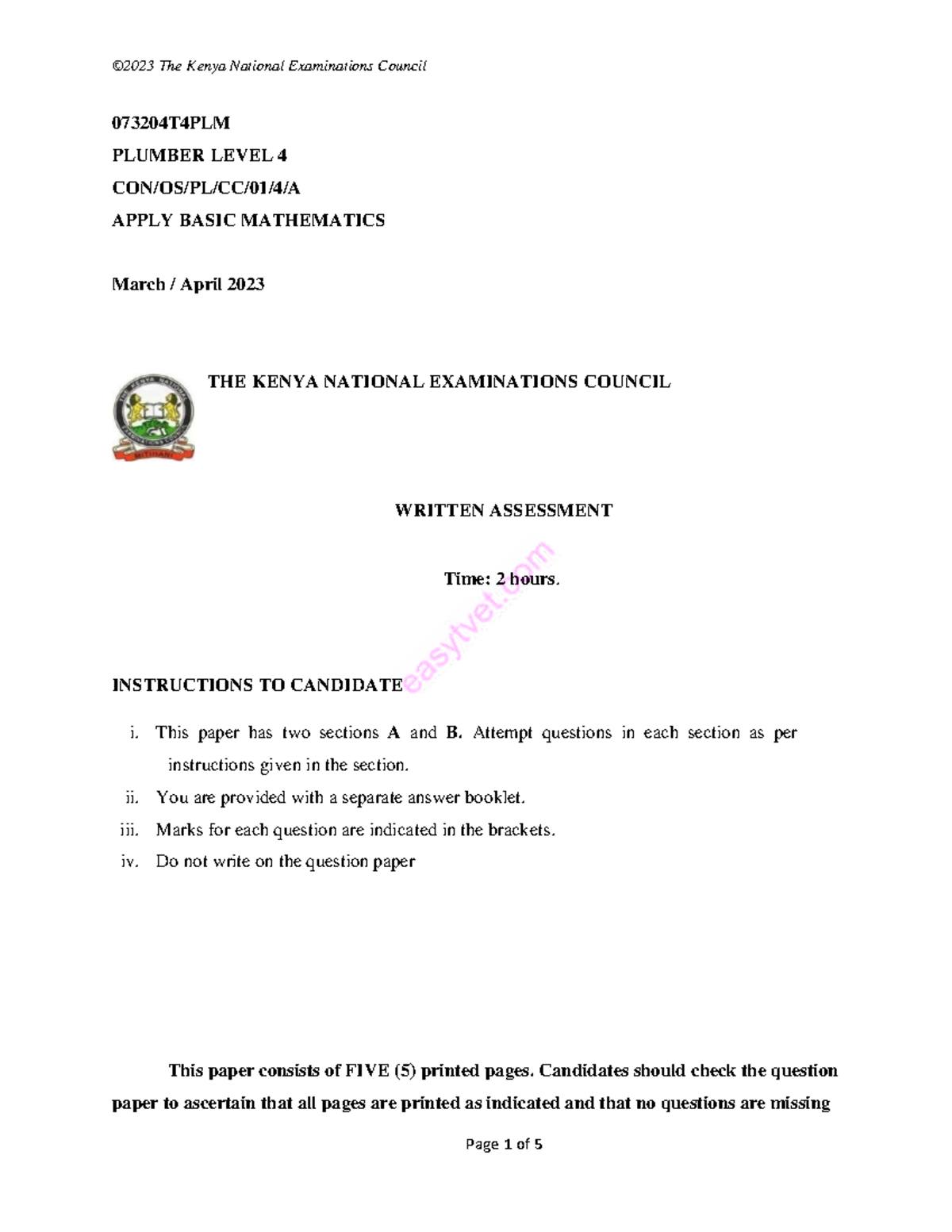 Kenya National Examinations Council 073204T4PLM Plumber Level 4 Math ...