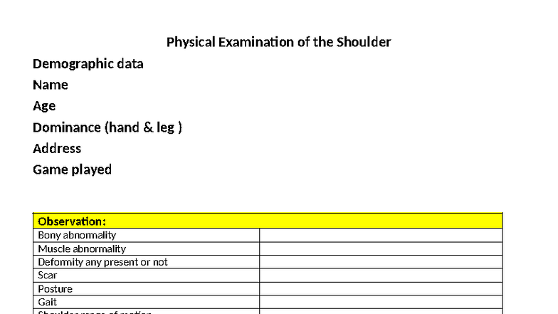 Shoulder Assessment: Physical Exam & Observations - Studocu