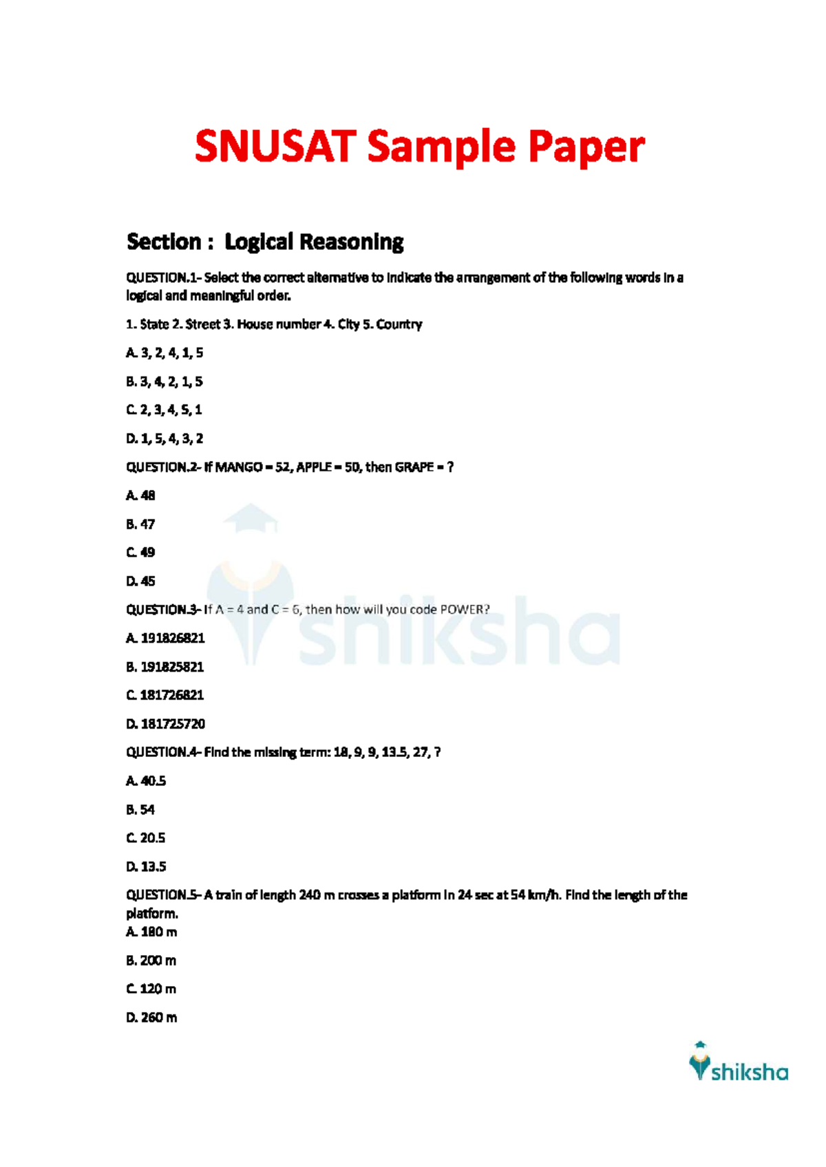 SNUSAT Sample Paper 4: Logical Reasoning & Testing - Studocu