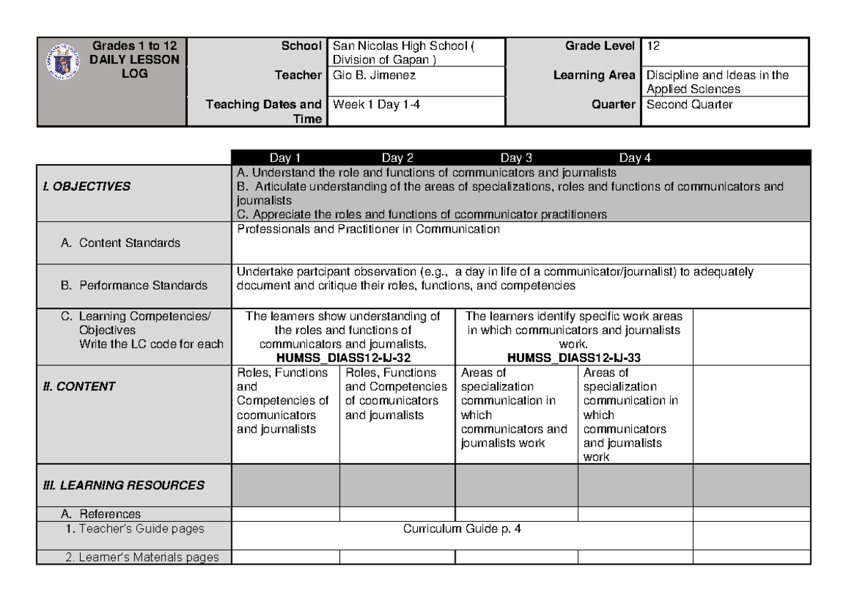 Grades 12 Daily Lesson Log: Communication Roles & Competencies - Studocu