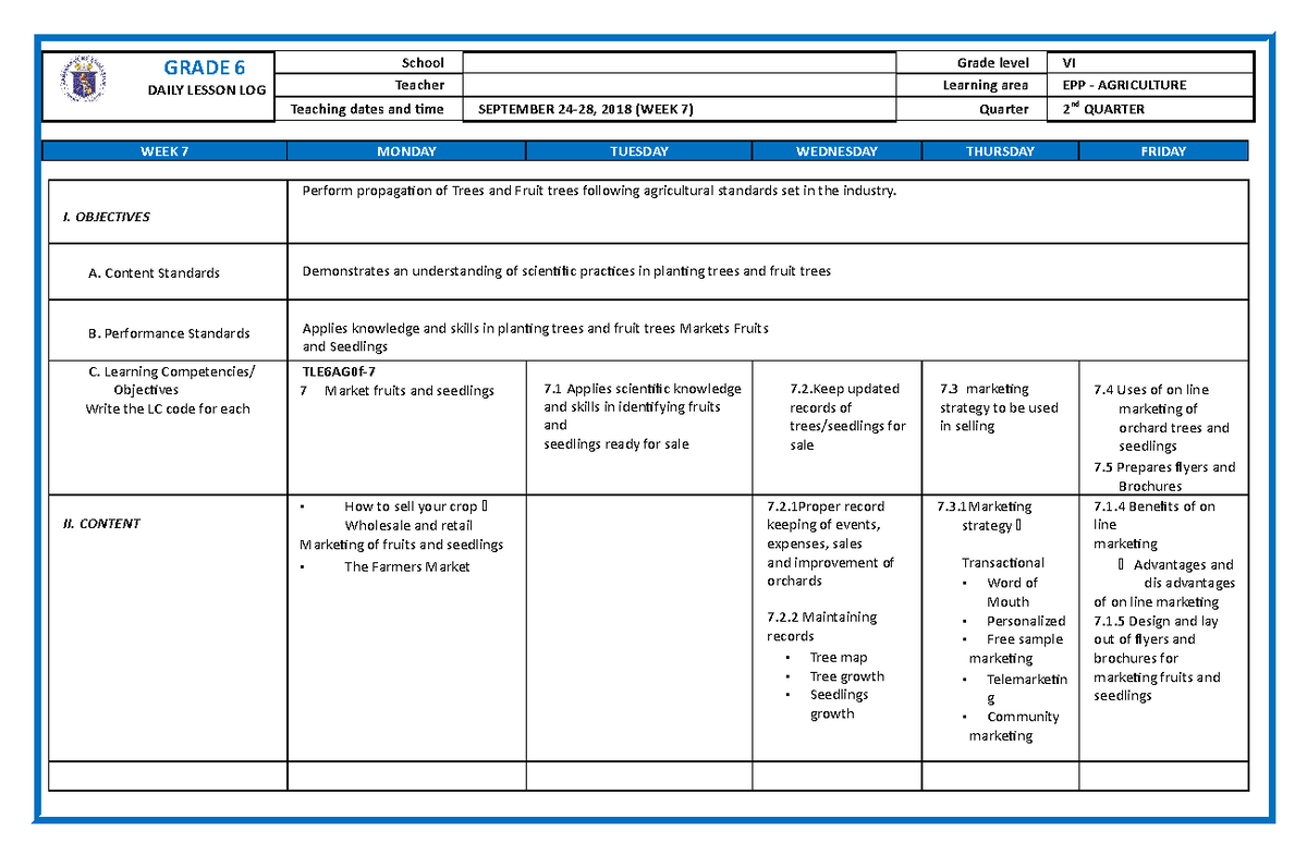 DLL G6 Q2 WEEK 7 - Agriculture and ICT Integration Lessons - Studocu