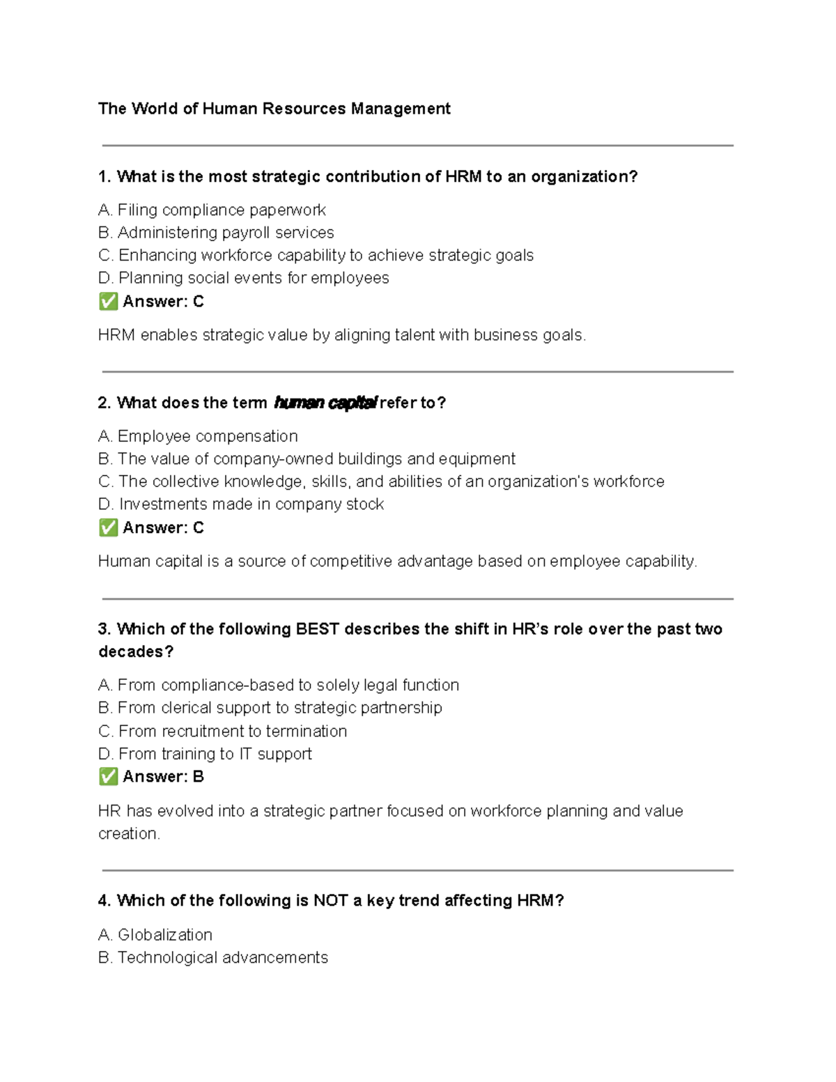 MCQs - HRM 101: Strategic Contributions and Trends in HR - Studocu