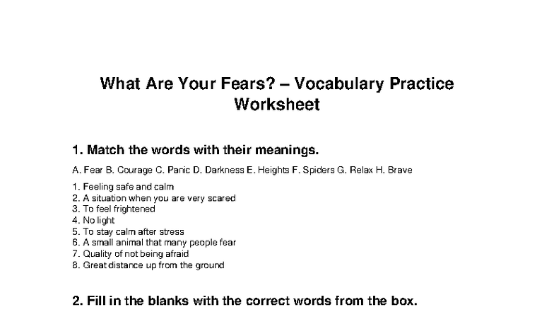 What Are Your Fears? Vocabulary Practice Worksheet 1 - Studocu