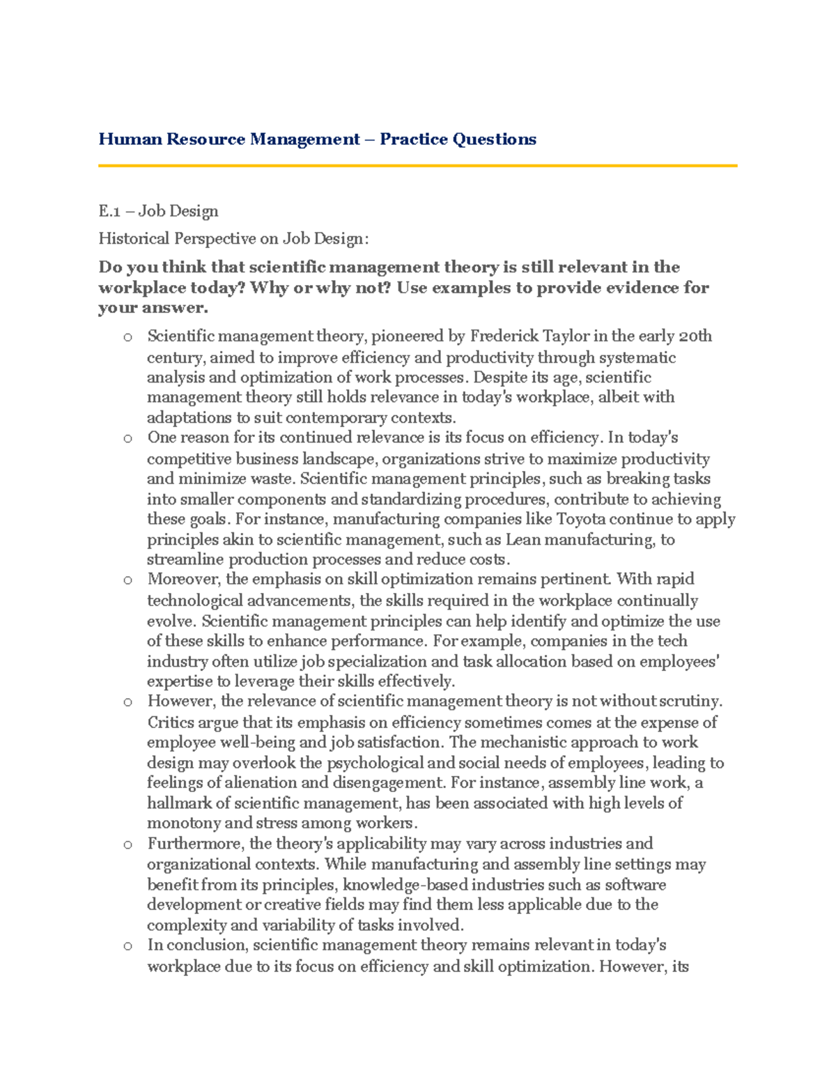 HRM E.1 Practice Questions: Relevance of Scientific Management Today ...