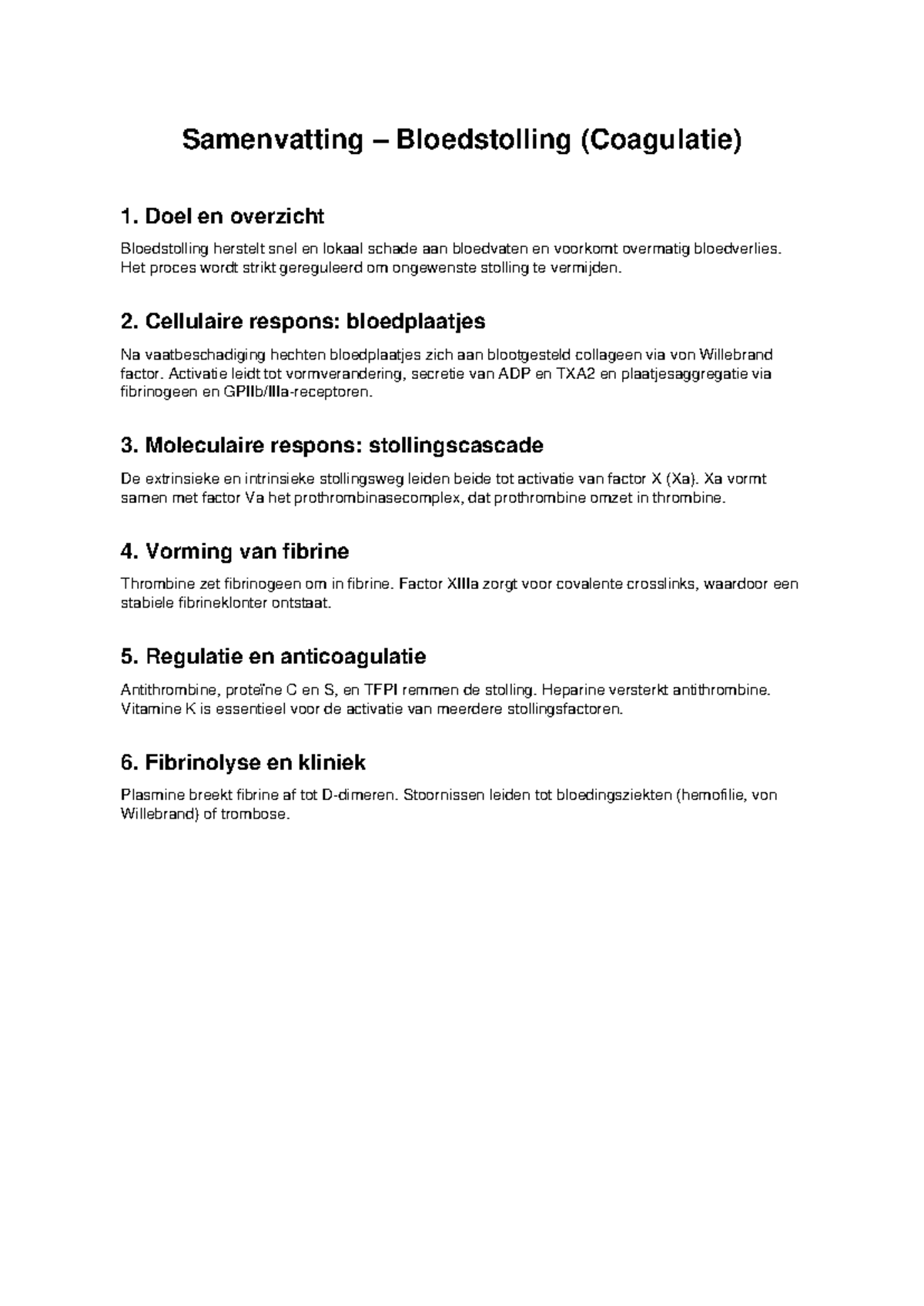 Samenvatting Bloedstolling: Proces en Regulatie van Coagulatie - Studocu