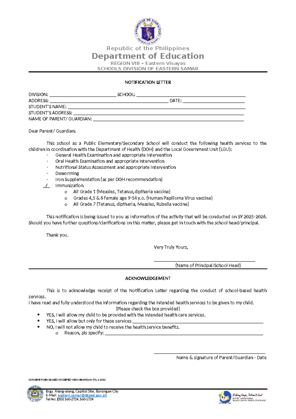 Health Services Notification for SY 2025-2026 - DepEd Region VIII - Studocu