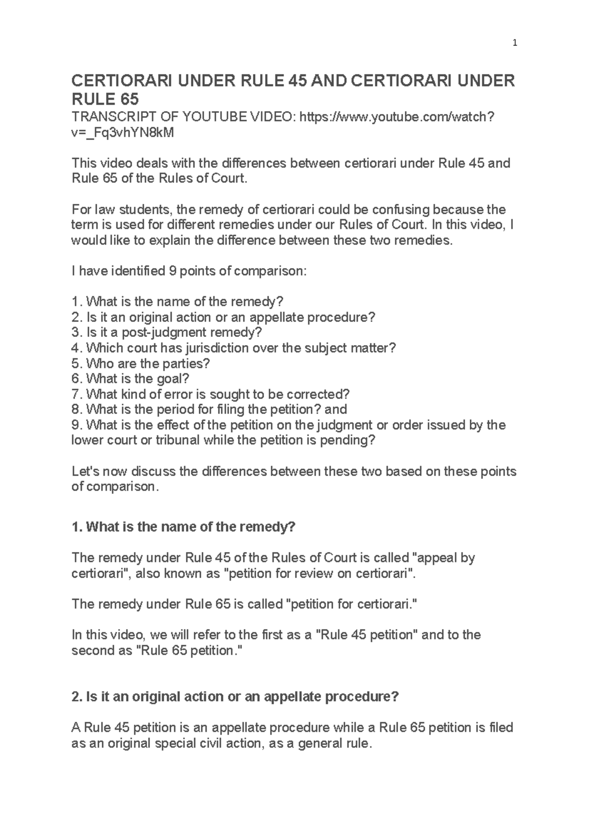 Certiorari Under RULE 45 AND Certiorari Under RULE 65 - 1 CERTIORARI ...