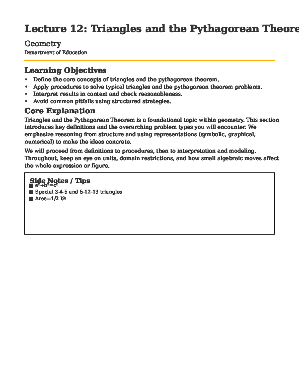 Lecture 12: Understanding Triangles & Pythagorean Theorem - Studocu