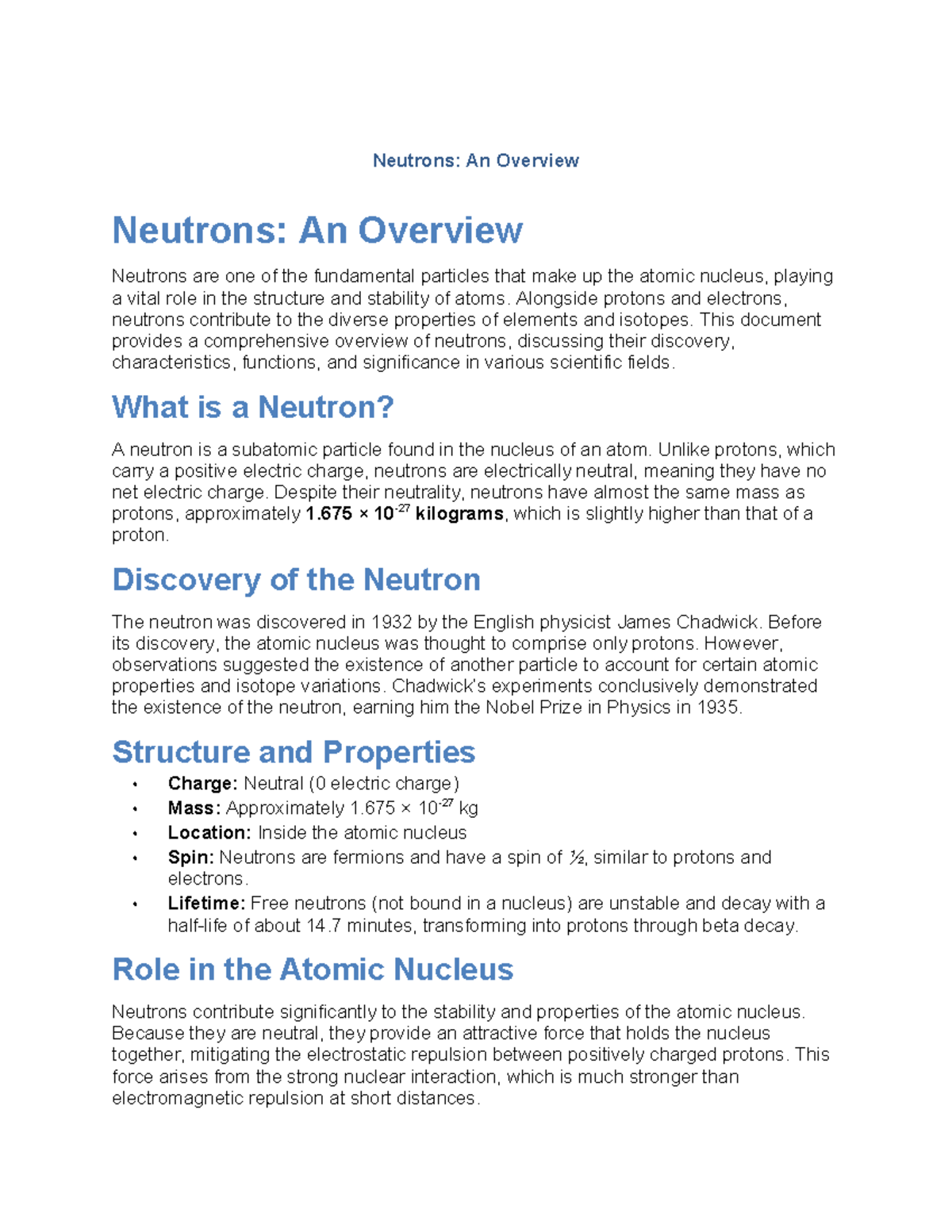 Neutrons: A Comprehensive Overview for Science Majors - Studocu
